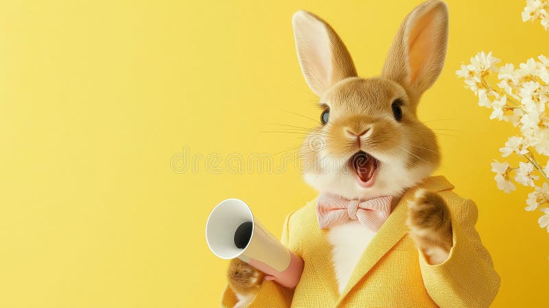Rabbit in a Yellow Suit Giving a Cheerful Speech on Yellow Background ...