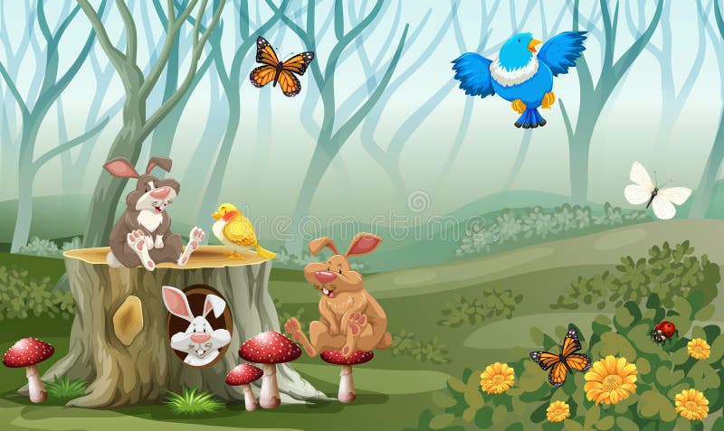Rabbits and Birds Living in the Forest Stock Vector - Illustration of ...