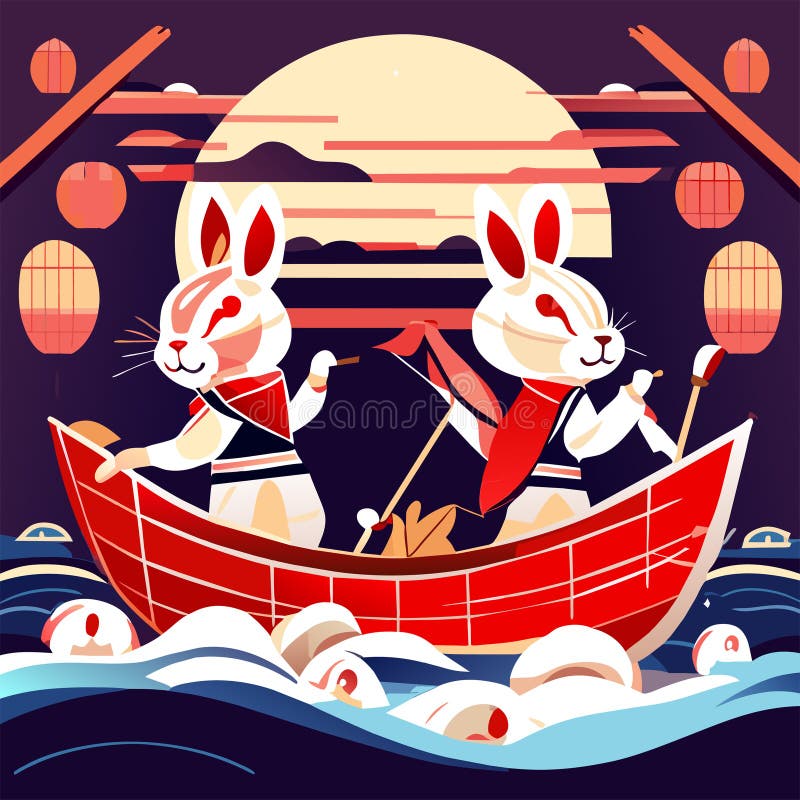 Rabbits in Boat on the Sea at Sunset, Vector Illustration Generative AI ...