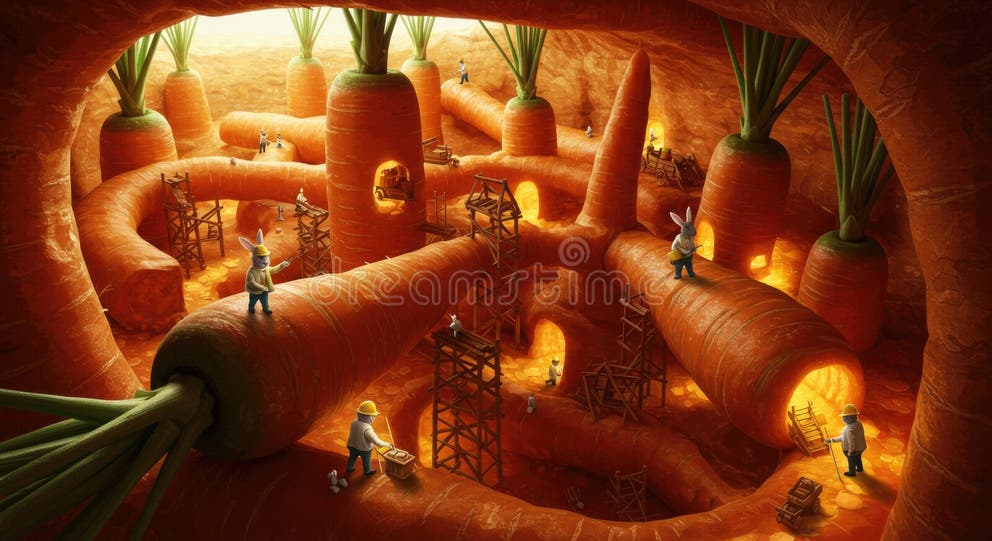 Rabbits Constructing in Large Underground Carrot Cavern with Wooden ...