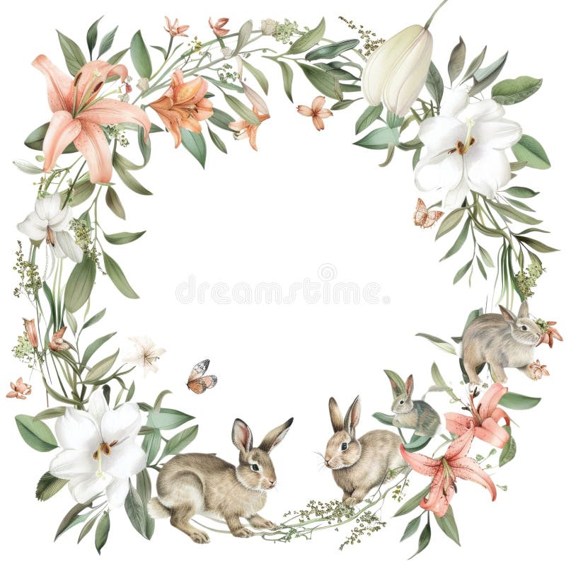 Rabbits and Daffodils Wreath Isolated on White Background. Rounded ...