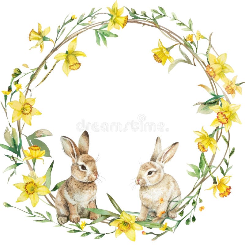 Rabbits and Daffodils Wreath Isolated on White Background. Rounded ...