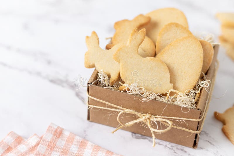 Rabbits and Eggs Easter Biscuits in Gift Box Horizontal Image Stock ...