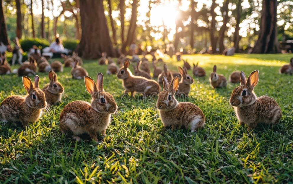 Rabbits Enjoy a Sunny Day in the Grass at a Park during the Easter ...