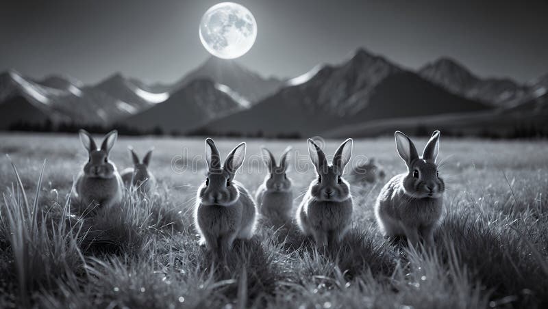 Group of Rabbits in Moonlight Meadow Stock Illustration - Illustration ...