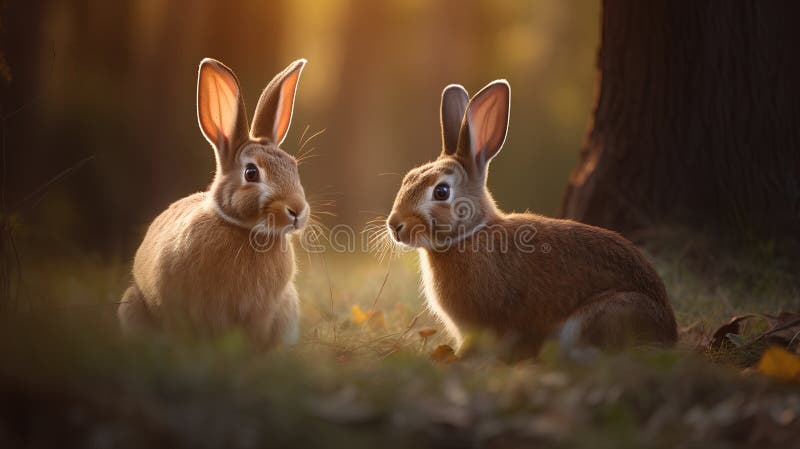 Rabbits in the Forest at Sunset. Beautiful Nature Scene Stock ...
