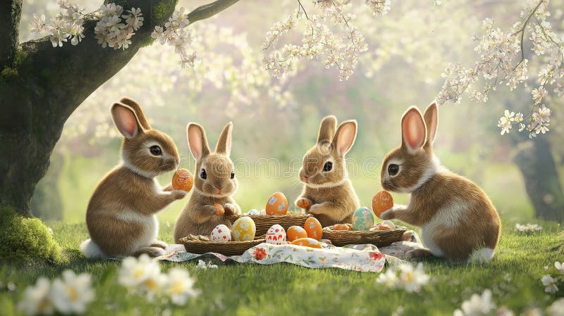 Rabbits Gather for an Easter Egg Celebration in a Blooming Garden ...