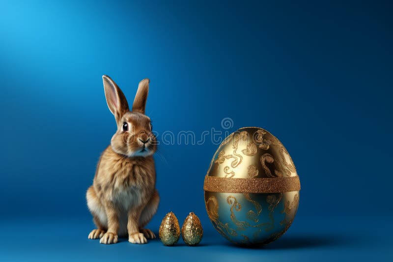 Rabbits and a Golden Egg on a Blue Isolated Background. Banner. Stock ...
