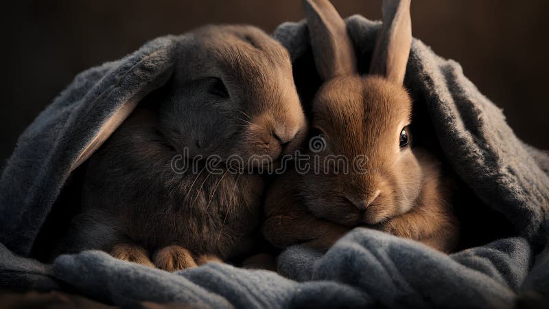 Rabbits in a Grey Blanket on a Dark Background. Toned Stock ...