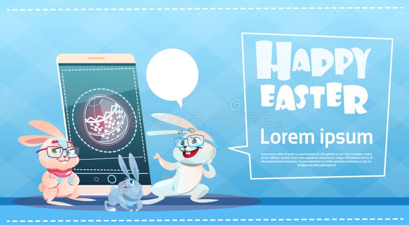 Rabbits Group Use Cell Smart Phone Easter Holiday Symbols Greeting Card ...