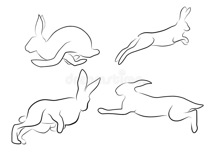 Rabbits in Motion, Different Positions, Contour Drawing, Vector Stock ...