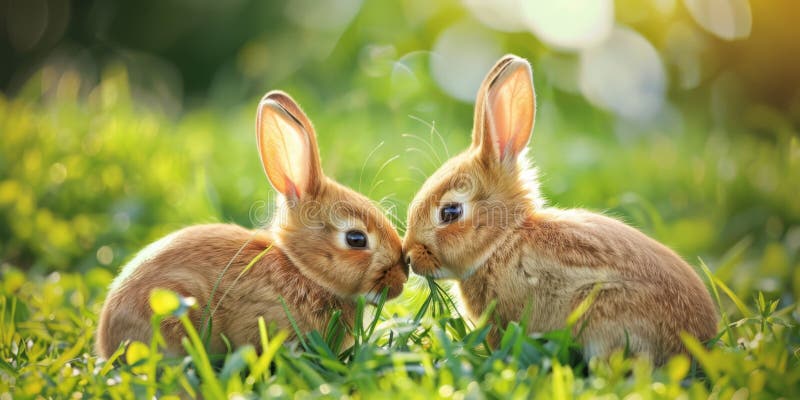 Rabbits Munching on Fresh Green Grass in a Sunlit Clearing Created with ...