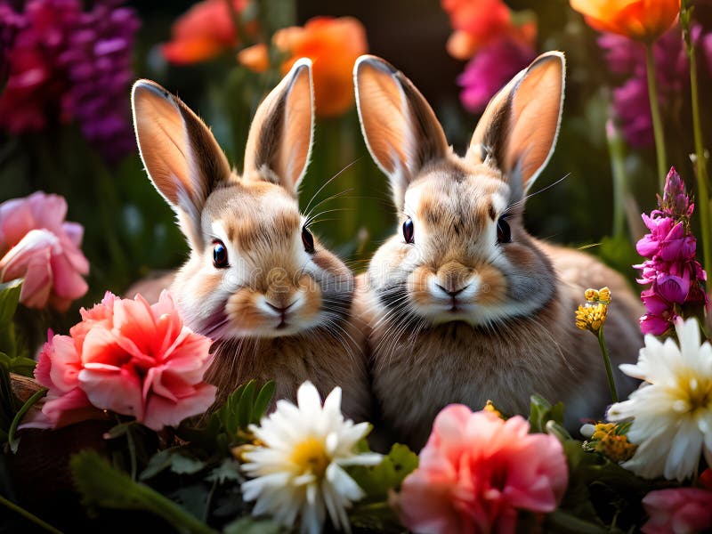 Rabbits Nestled among Spring Flowers in a Meadow Stock Illustration ...
