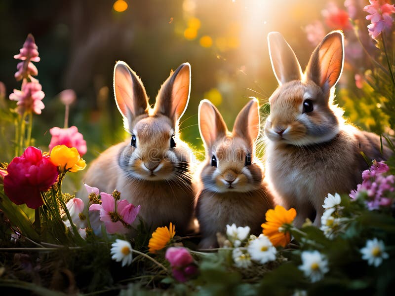 Rabbits Nestled among Spring Flowers in a Meadow Stock Illustration ...