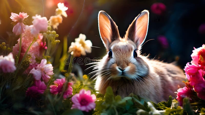 Rabbits Nestled among Spring Flowers in a Meadow Stock Illustration ...