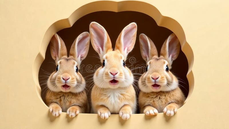 Rabbits are Peeking Out of a Hole in the Beige Wall Stock Illustration ...