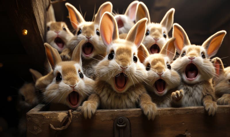 Rabbits in a Pile of Boxes. a Group of Rabbits with Their Mouths Open ...