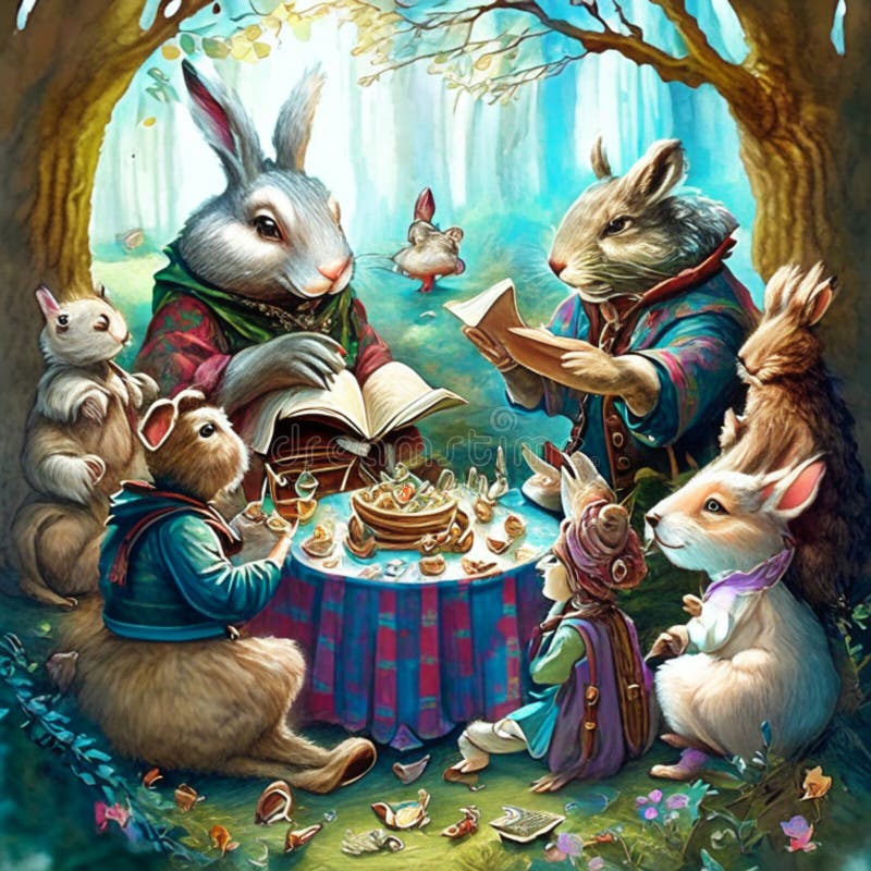 Rabbits Reading a Book in the Forest, 3d Illustration AI Generated ...