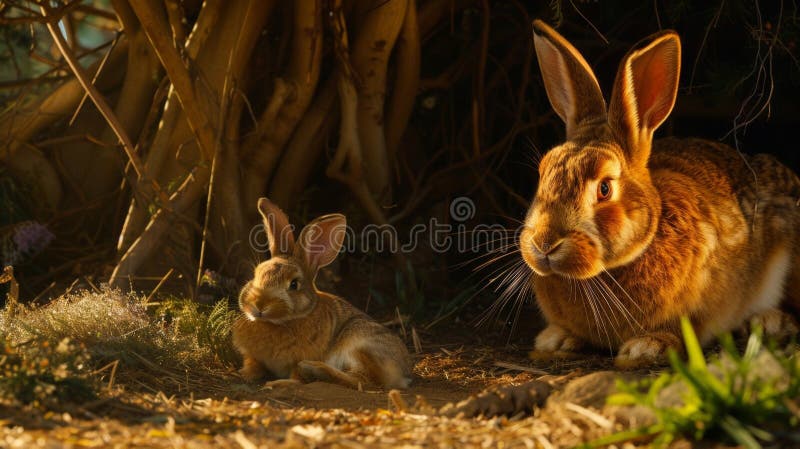Two rabbits sit grass tree stock photo. Image of small - 315047008