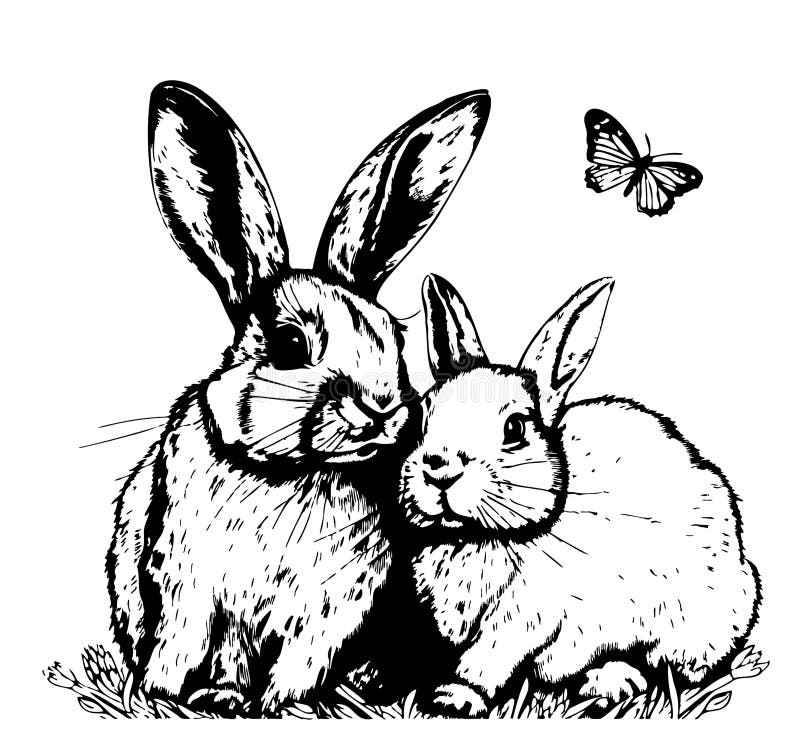 Rabbits Sitting Sketch Hand Drawn in Doodle Style Vector Illustration ...