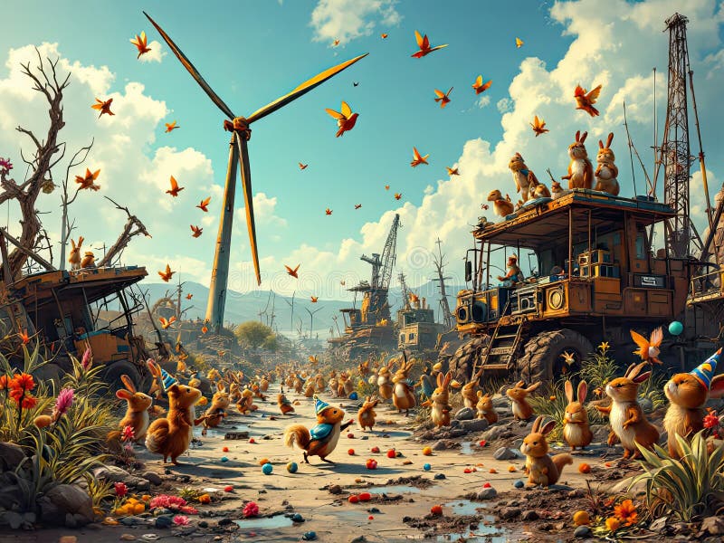 Rabbits and Squirrels Celebrating the Collapse of a Windmill in a Post ...