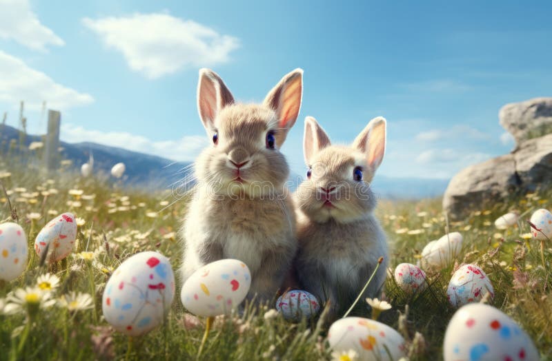 Rabbits Stand in a Field with Some Easter Eggs Stock Image - Image of ...