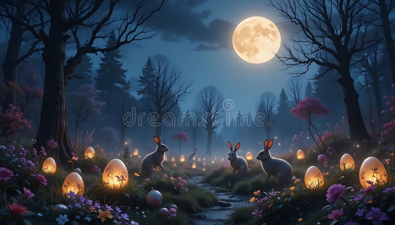 Rabbits Under Moonlight and Glowing Eggs in Whimsical Forest Scene ...