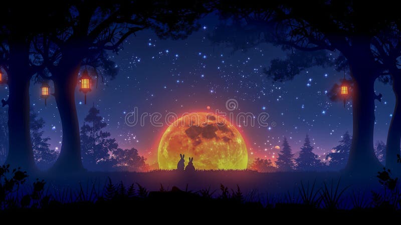 Rabbits Watching a Glowing Moon in a Starry Forest Stock Illustration ...