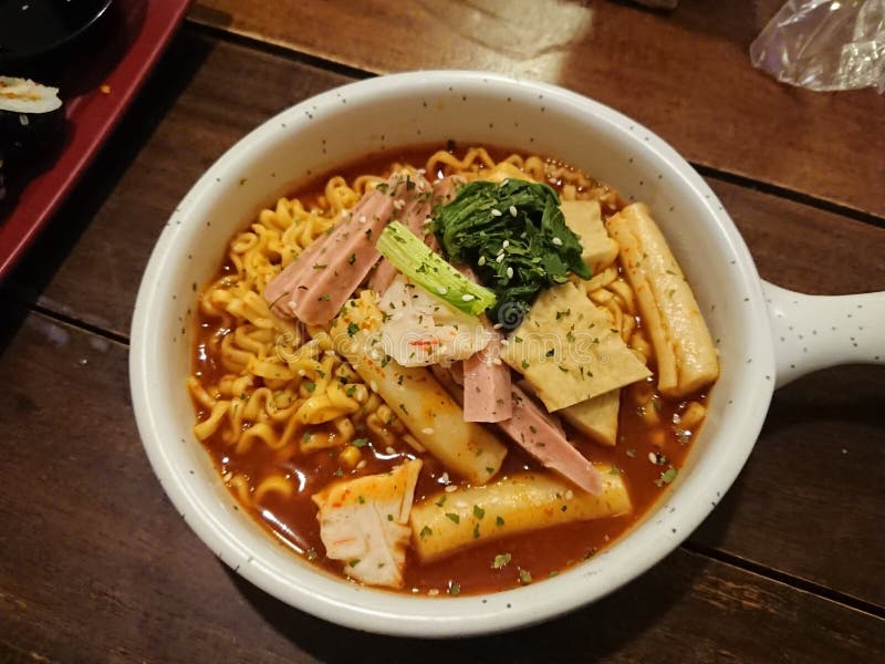 Rabboki Served on Wooden Table. it S Combined Ramen and Toppoki so ...
