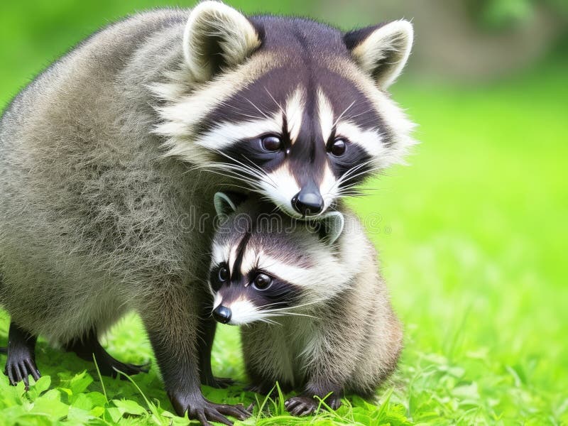 Raccoon and Raccoon Baby on Green Grass in the Park Stock Image - Image ...