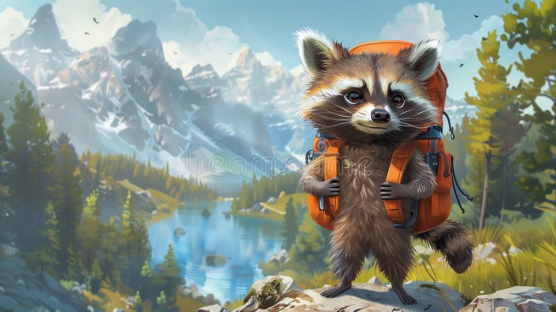 A Raccoon with a Backpack in the Mountains. Trekking and Traveling ...