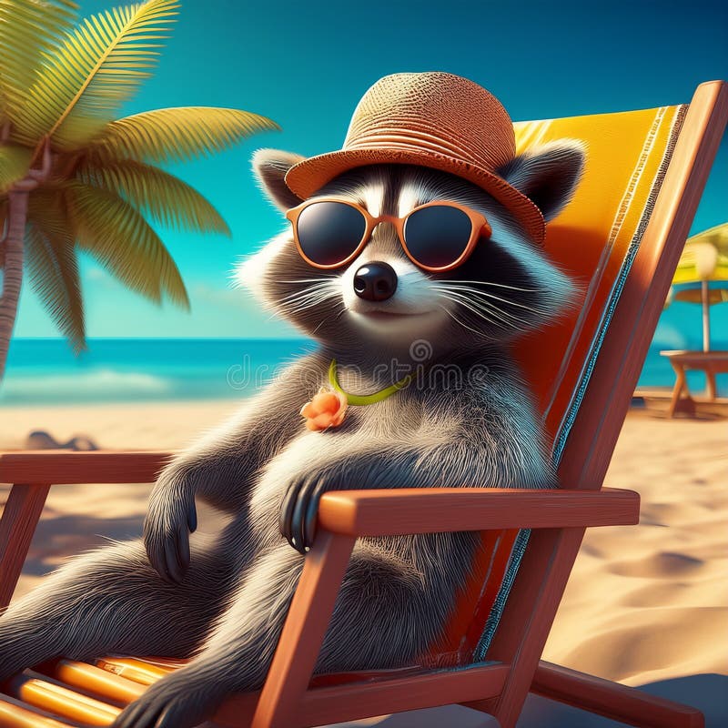 Raccoon on the Beach Cartoon Stock Image - Image of poster, sand: 387663229