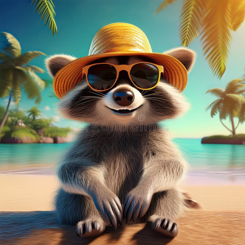 Raccoon on the Beach Cartoon Stock Photo - Image of tropical, card ...