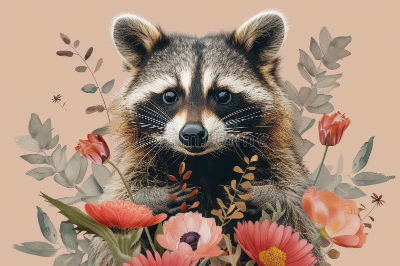 Raccoon with a Bouquet of Flowers Stock Image - Image of detailed ...