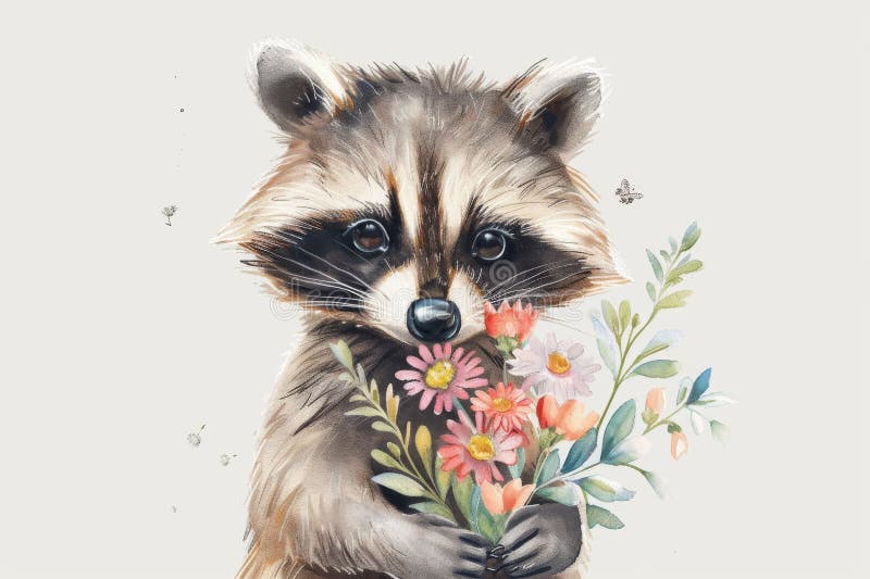 Raccoon with a Bouquet of Flowers Stock Image - Image of delicate ...