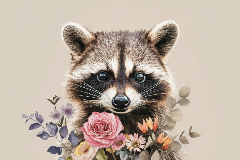 Raccoon with a Bouquet of Flowers Stock Photo - Image of artistic ...