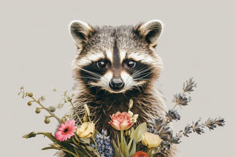 Raccoon with a Bouquet of Flowers Stock Photo - Image of raccoon ...