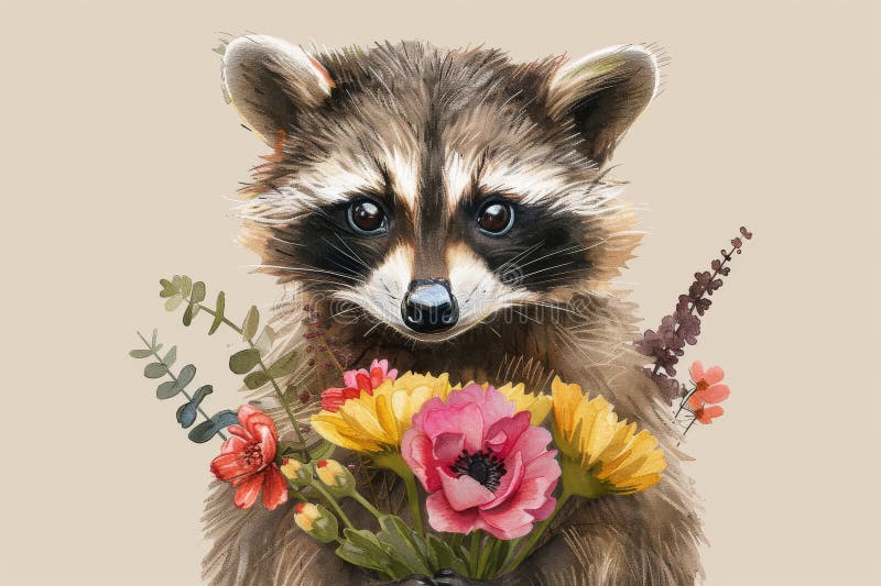 Raccoon with a Bouquet of Flowers Stock Image - Image of raccoon ...