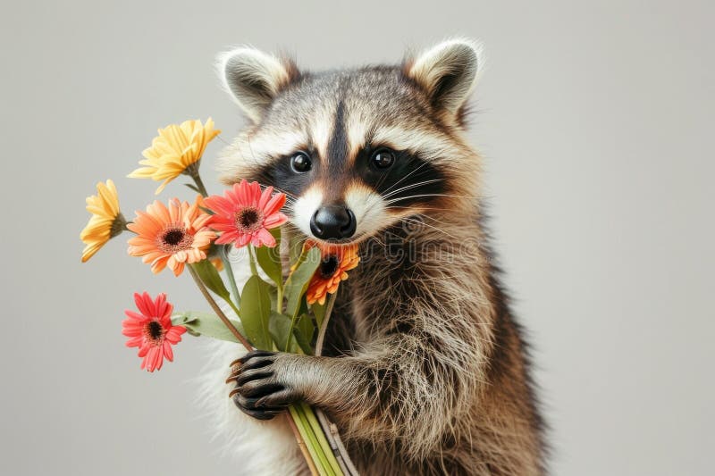 Raccoon with a Bouquet of Flowers Stock Image - Image of playful ...