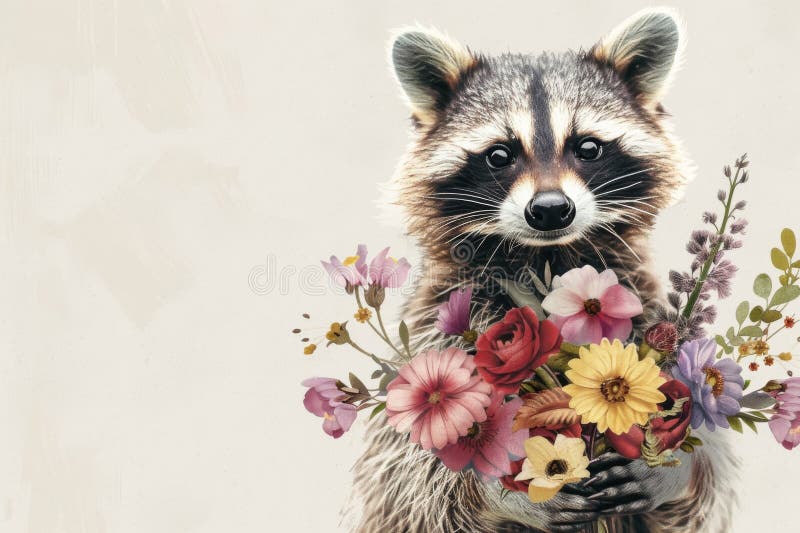 Raccoon with a Bouquet of Flowers Stock Image - Image of petals, nature ...