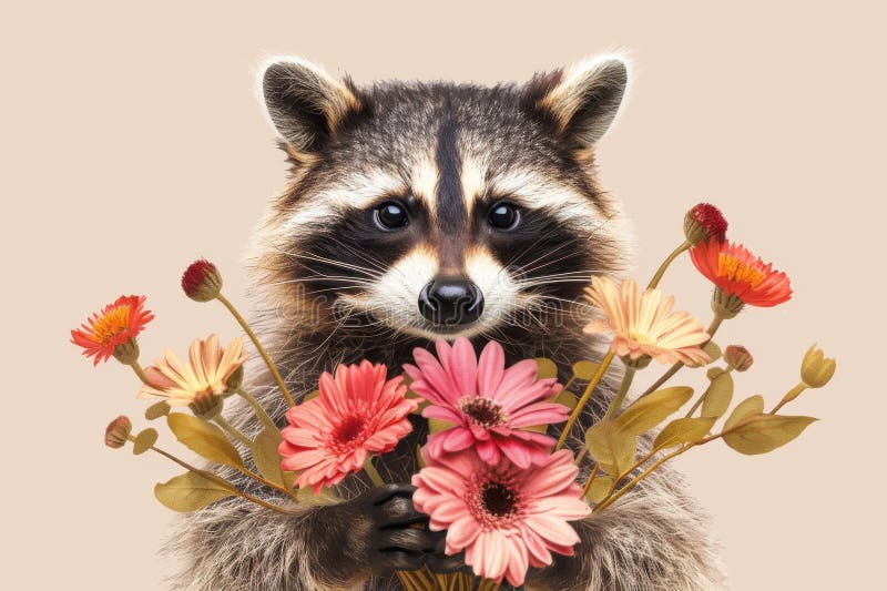 Raccoon with a Bouquet of Flowers Stock Image - Image of furry, wild ...