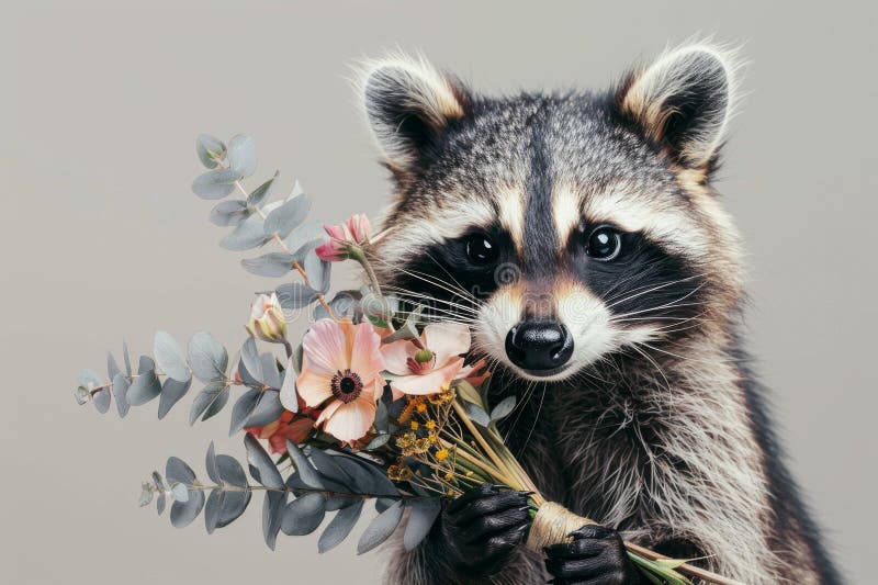 Raccoon with a Bouquet of Flowers Stock Photo - Image of mammal ...