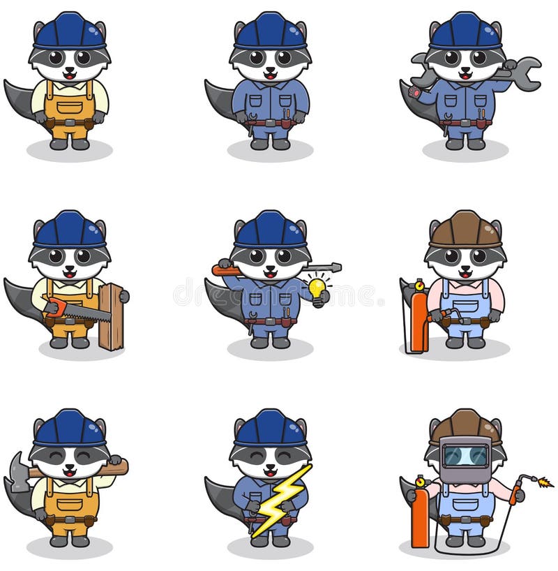 Raccoon Construction, Builder, Electrician, Welder and Handymen Cartoon ...