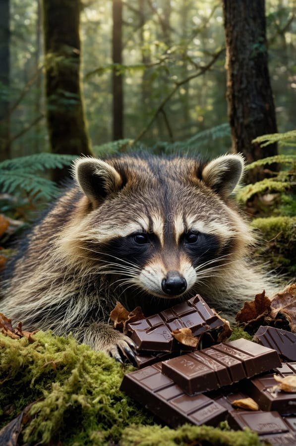 Adorable Raccoon Enjoying Dark Chocolate in the Forest Stock ...