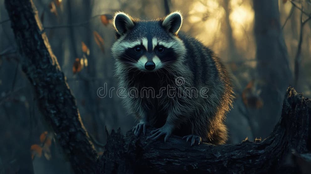 Raccoon in a Dark Forest at Dusk Stock Illustration - Illustration of ...