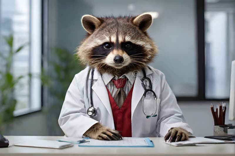 Raccoon in Doctors Uniform in Modern Office Stock Illustration ...