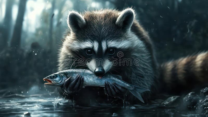 Raccoon Eating a Fish at the River Created with Generative AI. Hunter ...