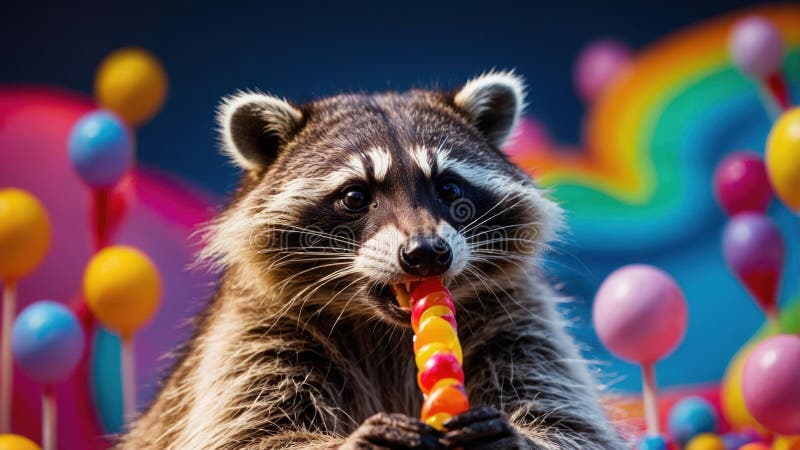 A Raccoon Enjoying a Colorful Candy in a Vibrant, Whimsical Setting ...