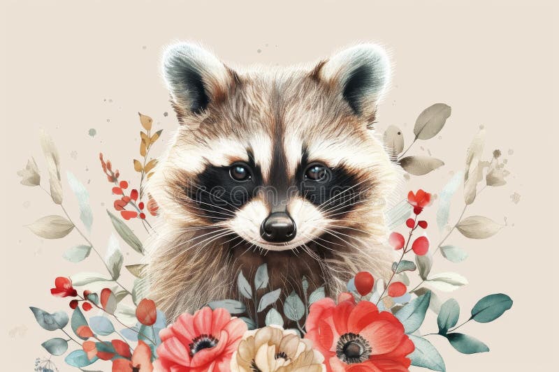 Raccoon among Flowers on a Light Background Stock Image - Image of ...
