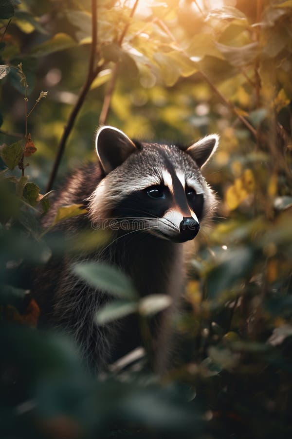 Raccoon in the Forest. Dense Foliage Background Stock Illustration ...